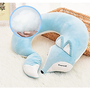 ausuky Cute Cartoon U Shape Neck Pillow Anime Plush Doll Fox Animal Travel Car Pillow (Black)