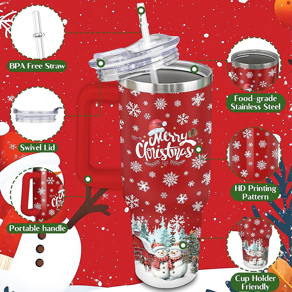 qoepfnsh Christmas Tumbler 40 oz Christmas Tumblers with Handle and Straw Farmhouse Red Snowman Stainless Steel Insulated Coffee Cups Mugs Christmas Gifts Stuff Decor for Women Girls