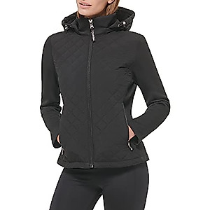 Calvin Klein Women's Scuba Sleeves Detachable Hood Zip PocketsQuilt, Black, Medium