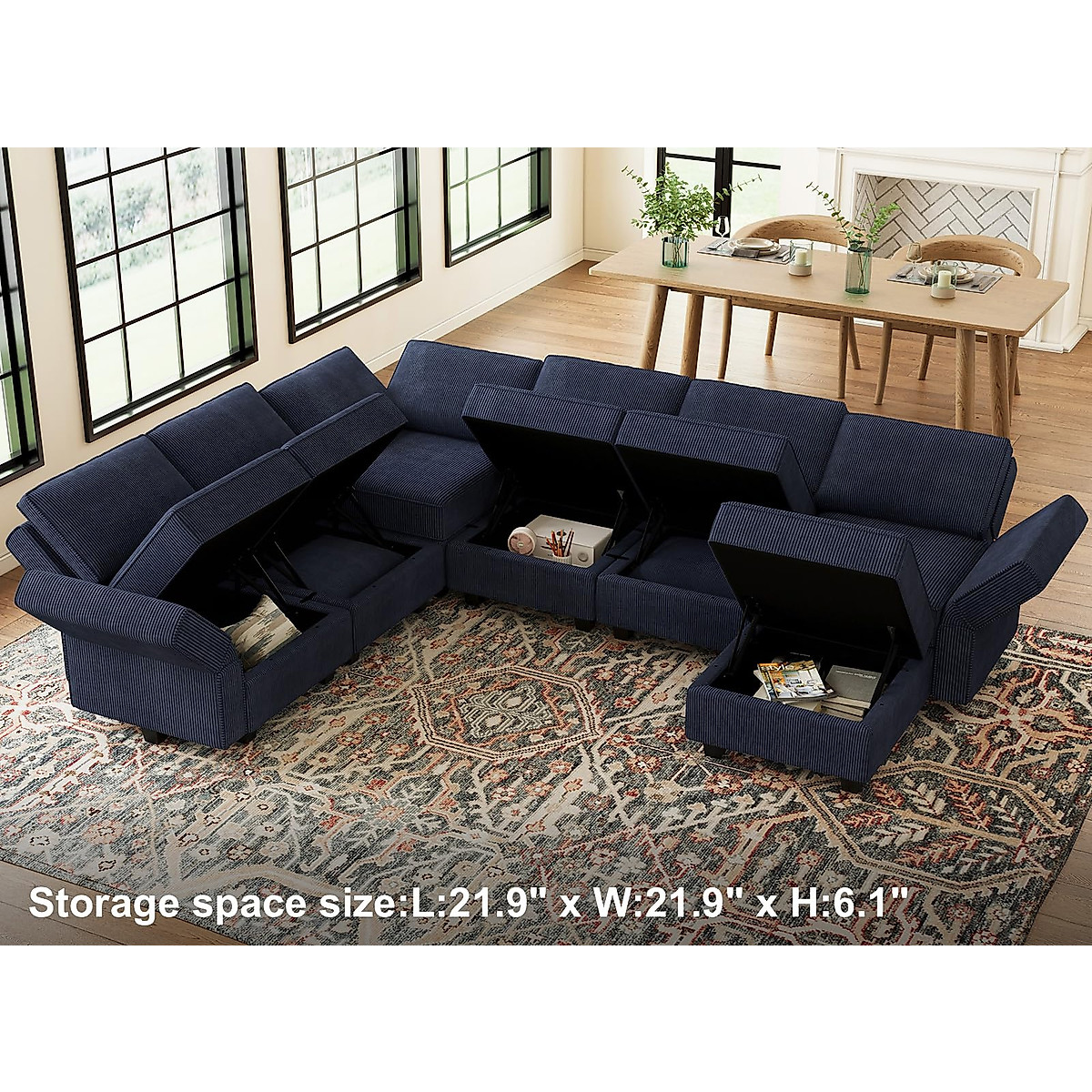 Belffin Modular Sectional Sofa with Storage Ottoman Seats, Corduroy Convertible Oversized Modular U-Shaped Sectional Couch for Living Room, Blue