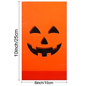 50 Pieces Halloween Favor Bags Pumpkin Smile Pattern Flat Cellophane Treat Bags Halloween Plastic Party Bags for Bakery, Popcorn, Cookies, Candies and Dessert with 100 Pieces Gold Twist Ties