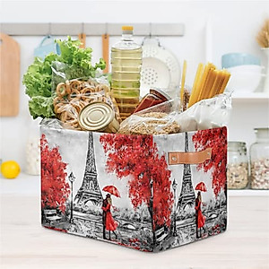 Rectangular Paris Baskets, Girls Storage Bins Kids Storage Basket with PU Leather Handles Cute Baskets Clothes Toys Box Books Baskets Gifts Baskets for Closet Shelf Nursery Bedroom 15x11x9.5 In