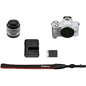 Canon EOS M50 Mark II Mirrorless Camera with 15-45mm Lens (White) (4729C004) + 64GB Memory Card + Card Reader + Case + Flex Tripod + Hand Strap + Memory Wallet + Cap Keeper + Cleaning Kit (Renewed)