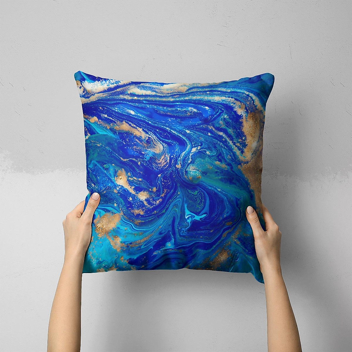 iiRov Summer Design Ink-Fuzed Decorative Throw Pillow - Vivid Blue Gold Acrylic