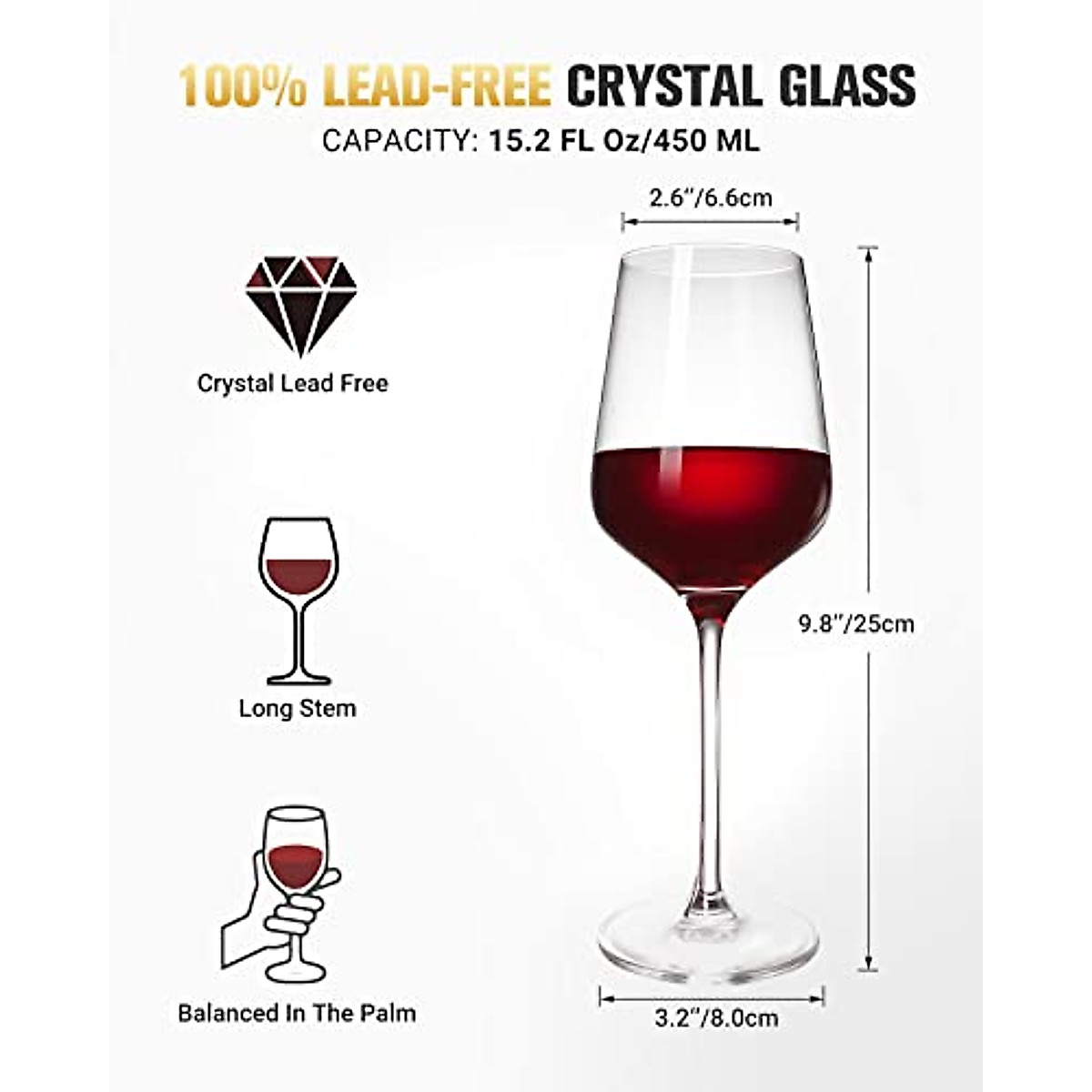 Maxboro Wine Glasses Set of 2, 15.2 Oz Hand Blown Lead-Free Premium Crystal Red Wine Glass, Long Stem Wine Glasses for Daily Use Mother's Day Gift Wedding Anniversary or Birthday Gift