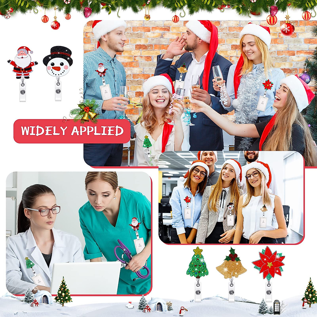 9 Pieces Christmas Badge Reel Holder Retractable Nurse Badge Reel Bling Glitter Holiday Badge Reels Cute Acrylic Id Name Badge Holder with Alligator Clip for Office Nurses Doctors