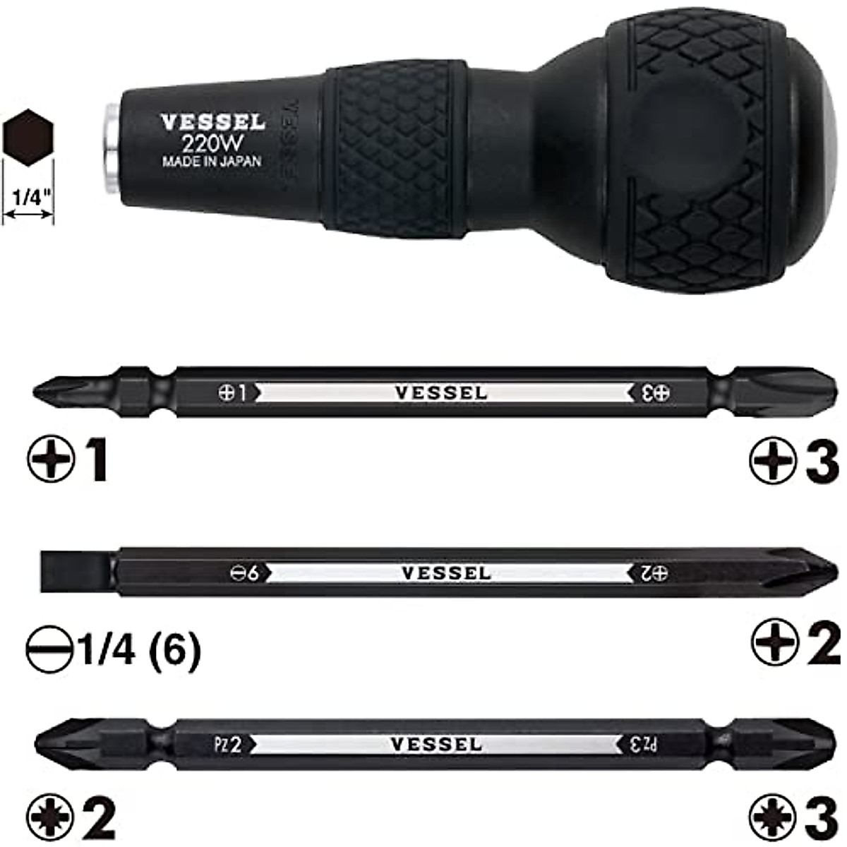 VESSEL Interchangeable Ball Grip Screwdriver Set with 1/4” Hex. Bit | Includes 3 Bits: +1, 3/+2, -6/PZ2, PZ3