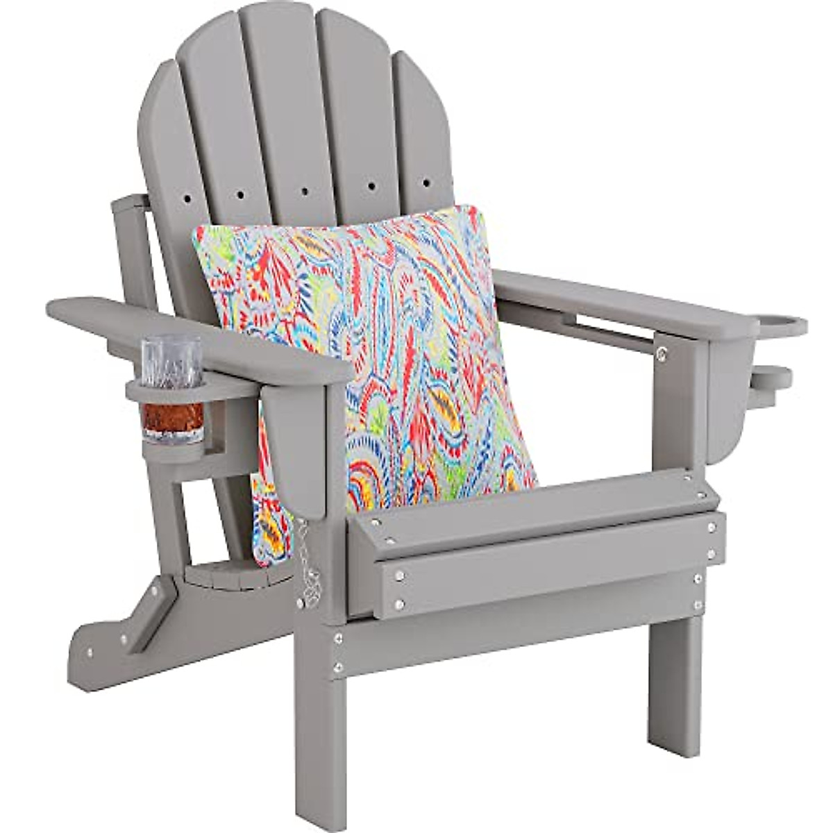 Sundale Outdoor Folding All Weather Heavy Duty Adirondack Chair with 2 Concealable Cup Holder and 1 Stylish Pillow/Cushion, Perfect for Outside Patio Garden Pool Yard Plastic Smoky Grey