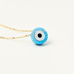 14k Solid Gold Turquoise Evil Eye Necklace | 14k Yellow Gold Opal Nazar Necklaces for Women | Round Pendant Necklace | Delicate October Birthstone Jewelry | Gifts for Christmas, 18"