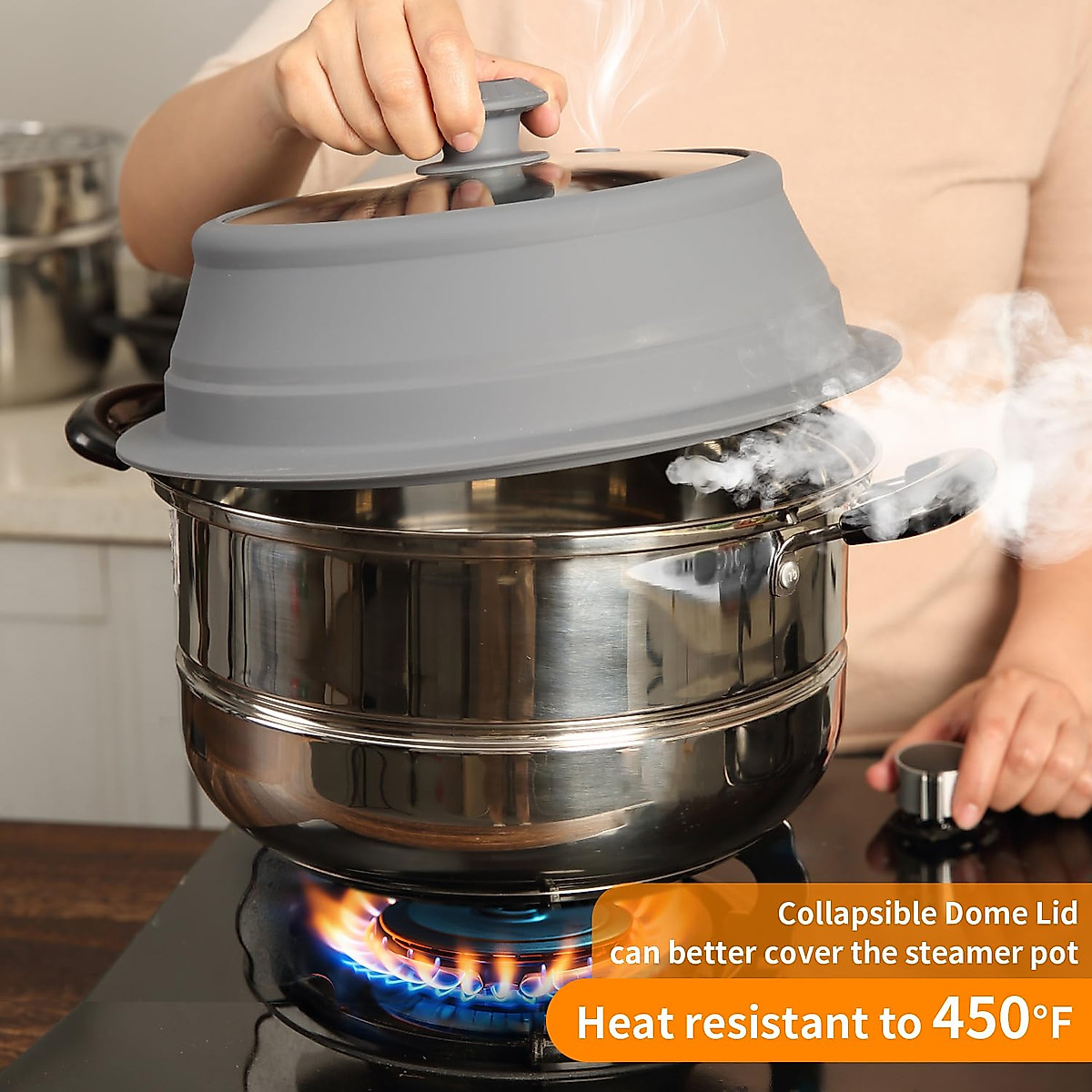 Vented Tempered Glass Lid Wok Lid for Stockpot Steamer Pot Pan, 10.5-11 inch Universal Multifunction Silicone Cover Collapsible Microwave Splatter Lid Cover Microwave Safe