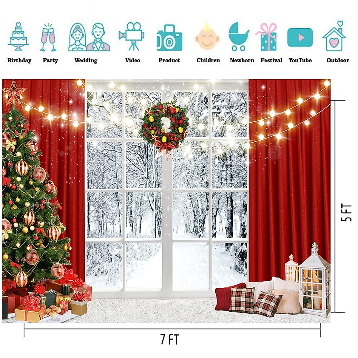 CYLYH 7x5ft Christmas Window Backdrop for Photography Winter Snow Scene Xmas Party Decorations Background Christmas Festival Party Banner Backdrop D586