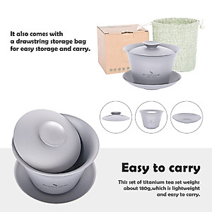 iBasingo 200ML Titanium Gaiwan Kung Fu Teacup with Lid and Saucer Set Lightweight Portable Chinese Traditional Gaiwan Tea Bowl Teacup with Cover Outdoor Camping Tea Set Ti3123D