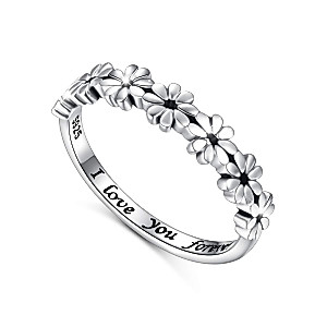 DAOCHONG 925 Sterling Silver Ring Daisy Flower Hawaiian I Love You Forever Tarnish Resistant Comfort Fit Wedding Band Ring 7
