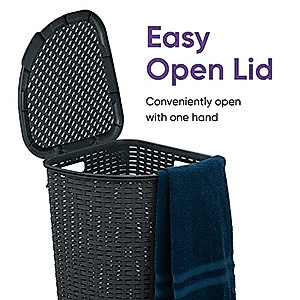 Plastic Corner Laundry Hamper with Lid, Curved Designed Laundry Basket, 2 Pack Triangle Grey Cloths Hamper Organizer with Cut-out Handles for Laundry Room Bedroom Bathroom, Wicker Design, 50 Liter