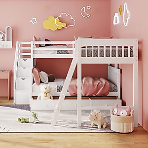 CITYLIGHT Twin Over Full L-Shaped Triple Bunk Bed for Kids, Wooden Corner Bunk Bed with 3 Storage Drawers Attached a Twin Loft Bed,Bunk Beds with Stairs and Ladder for Boys Girls Teens,Espresso