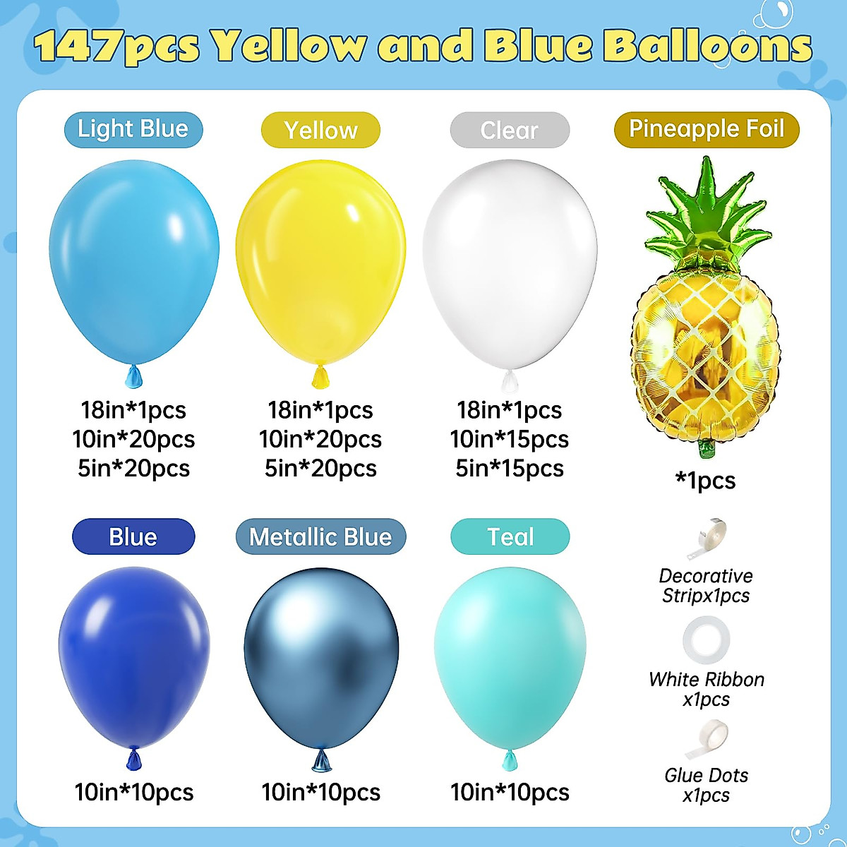 148pcs Cartoon Sponge Balloon Arch Kit, Sponge Birthday Decorations with Yellow Blue Clear Metallic Blue Teal Blue Balloons Pineapple Balloon For Cartoon Sponge Birthday Party Baby Shower Decorations