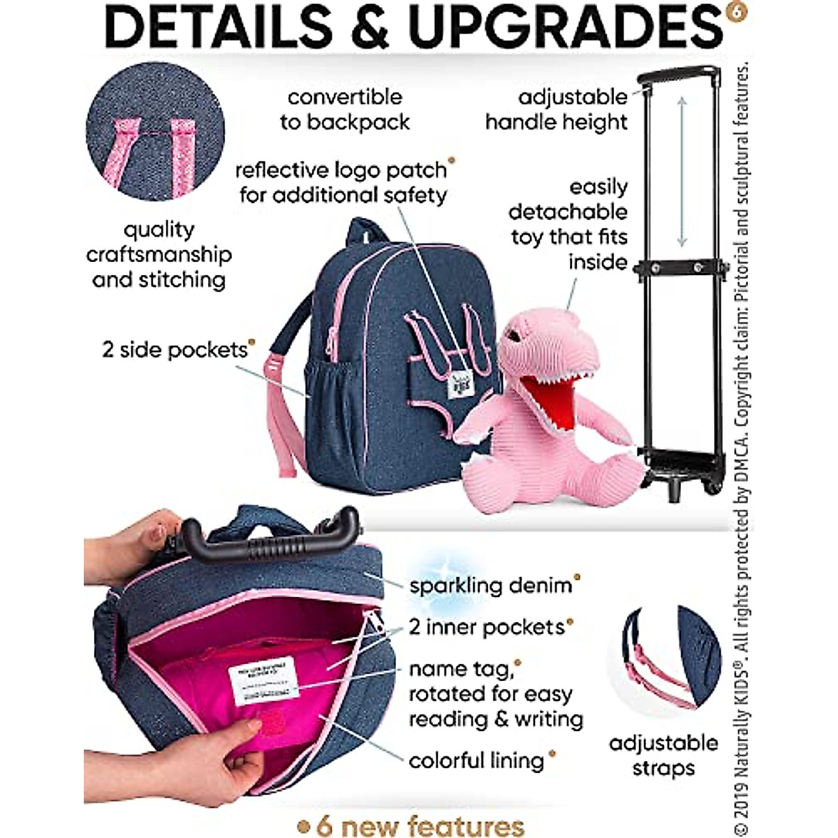 Naturally KIDS Dinosaur Backpack - Dinosaur Toys for Kids 3-5 - Kids Suitcase for Boys Girls w Stuffed Animal - Gifts for 7 Year Old Boy - w Pockets & Reflective Logo - Rolling Backpack w Pink T Rex