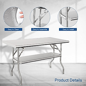 HARDURA Folding Stainless Steel Table 30X48 Inches with Adjustable Undershelf and Galvanized Legs NSF Commercial Portable Folding Prep Table for Restaurant Kitchen Home and Hotel