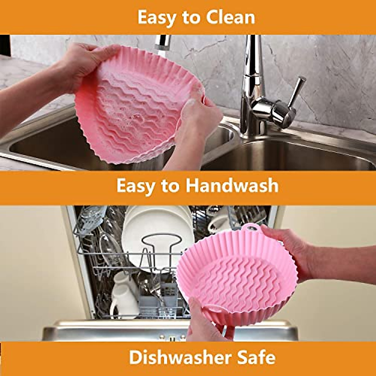 KLRSEN 3 Pcs Easy to Clean Air Fryer Silicone Liners Fit 3 To 5 Qt Airfryer,7.5 Inch Reusable Silicone Air Fryer Liners, Heat Resistant Air Fryer Liners (Red+Pink+Blue)