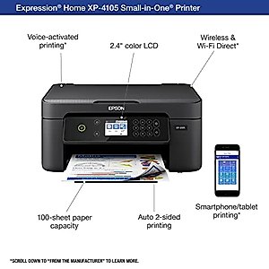 Epson Expression Home XP-4105 All-in-One Wireless Color Inkjet Printer, Black - Print Copy Scan - 2.4" Color LCD, 10.0 ppm, 5760 x 1440 dpi, Auto 2-Sided Printing, Voice Activated