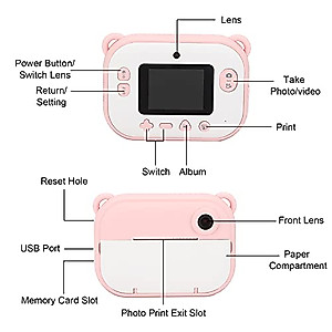 Printing Camera, Instant Print Camera One‑Click Portable Digital Camera for Children for Kid(Pink)