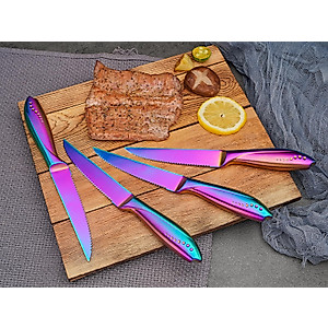 Rainbow Serrated Steak Knife 4 Piece Set, German High Carton Stainless Steel Blade for Home Restaurant