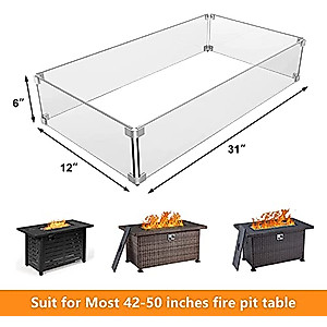 Grisun Fire Pit Glass Wind Guard - 31 x 12 x 6 inch, Thick Rectangular Heat-Resistant Tempered Glass Guard with Hard Aluminum Corner Bracket and Feet for Propane, Gas, Outdoor