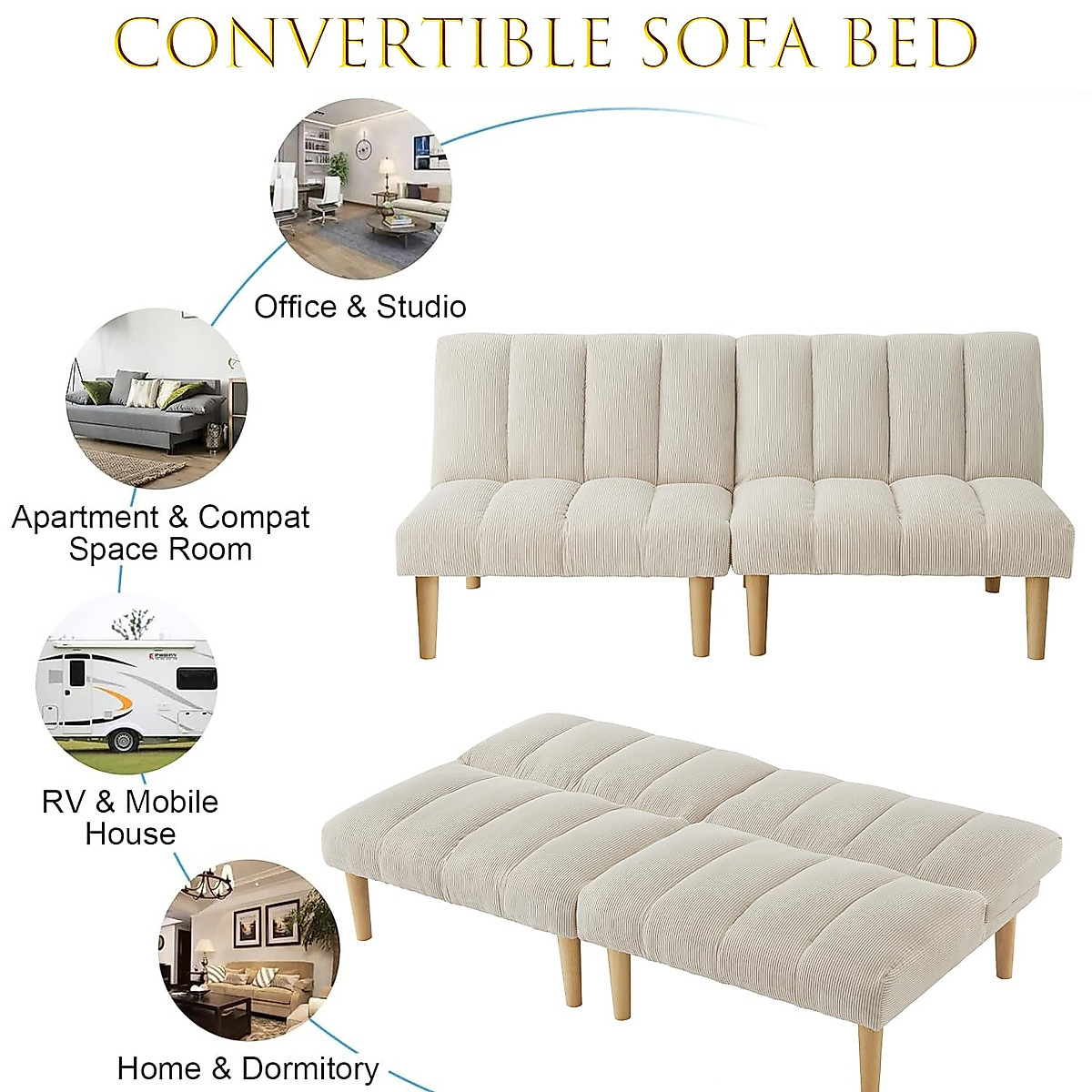 Modern Corduroy Convertible Folding Futon Couch Sofa Bed,with Adjustable Backrest Memory Foam Couch Double Loveseat Sofa for Compact Living Space,Dorm,Game Studio,Apartment,Bedroom (White)