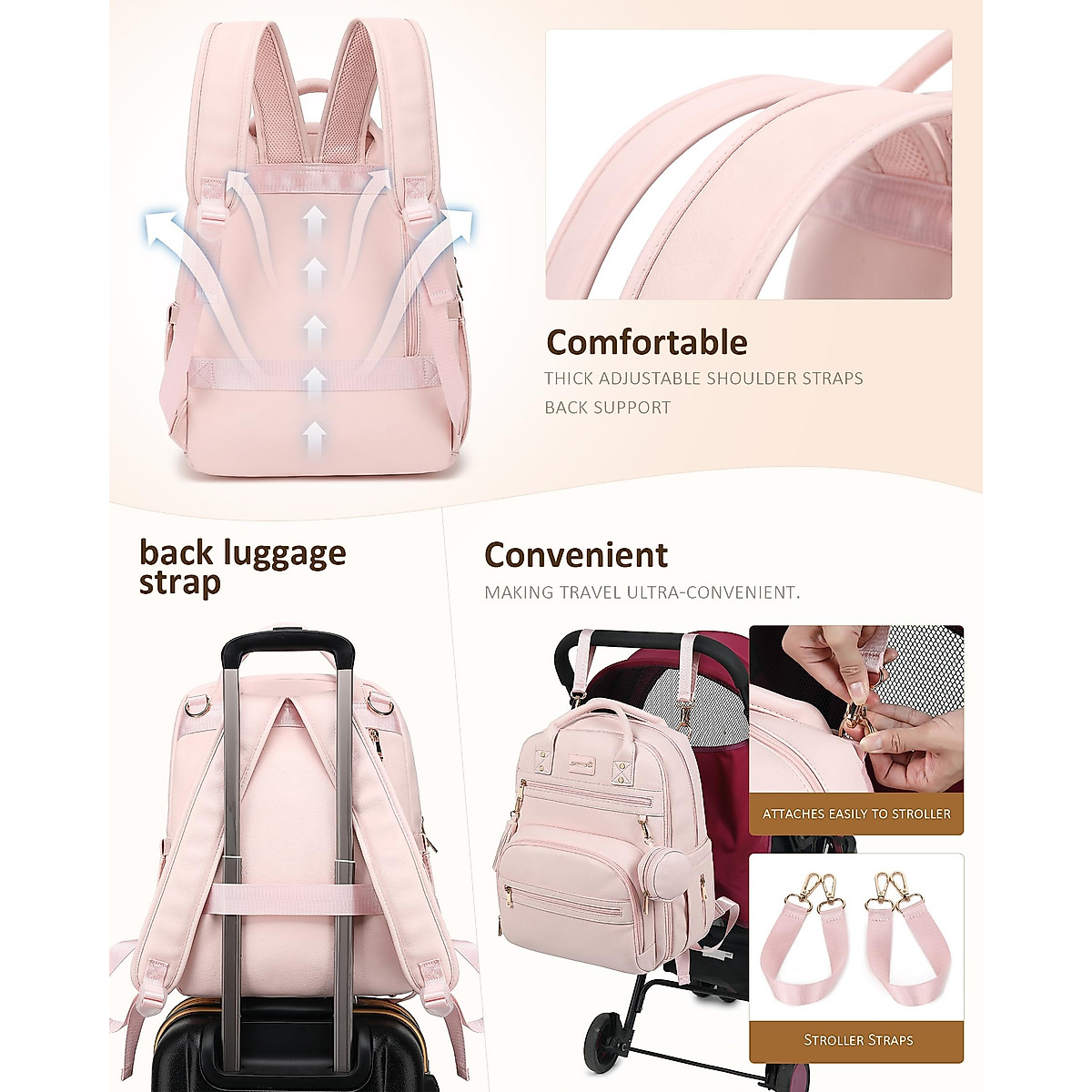 ROSEGIN Premium Vegan Leather Diaper Bag Backpack with Waterproof Changing Pad, Reinforced Zippers & Odor-Free, 20 Pockets Pro Organizer, Fits 15.6" Laptop, Stroller Straps, Baby Bag for Mom, Pink