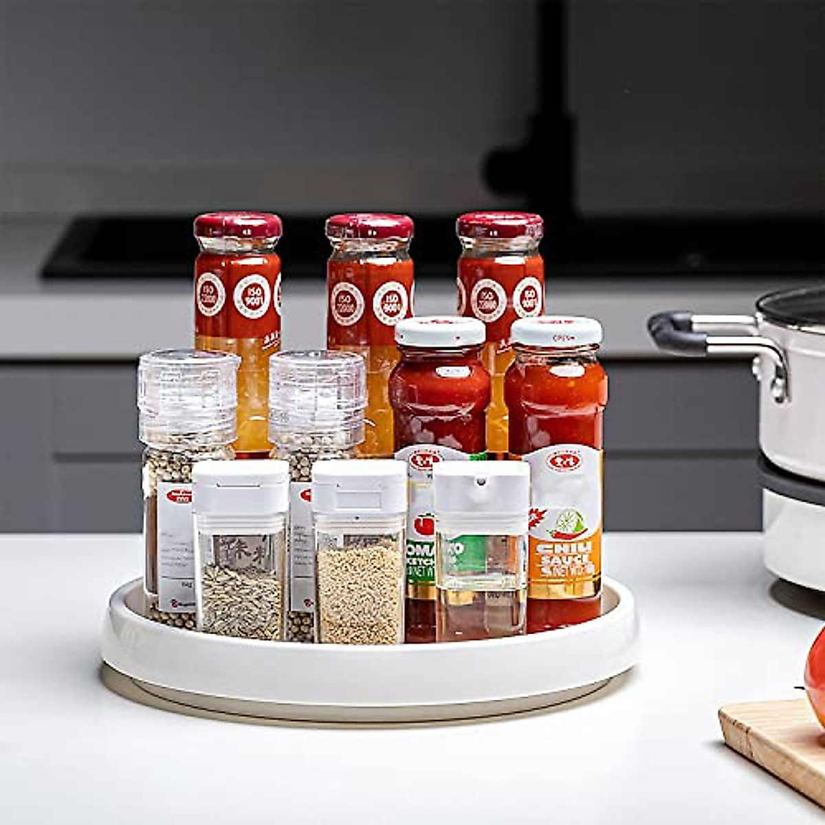 Pretireno Lazy Susan Turntable 1 Pack, Non-Skid Lazy Susan Organizer 10 Inch for Cabinet, Pantry, Kitchen, Countertop, Vanity Display Stand White/Gray