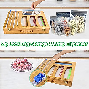 Creatart Bamboo Foil and Plastic Wrap Dispenser with Cutter 6 in 1 Ziplock Bag Storage Organizer for Drawer 12" Food Storage Bag Organizer for Gallon, Quart, Sandwich and Snack