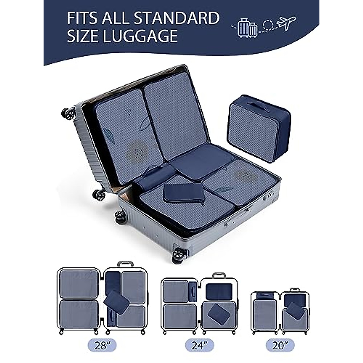 DIMJ Packing Cubes for Travel, 8 Set Luggage Packing Organizers Lightweight Suitcase Storage Bag with Multiple Sizes Travel Bag for Clothes Shoes Cosmetics Toiletries (Navy blue)