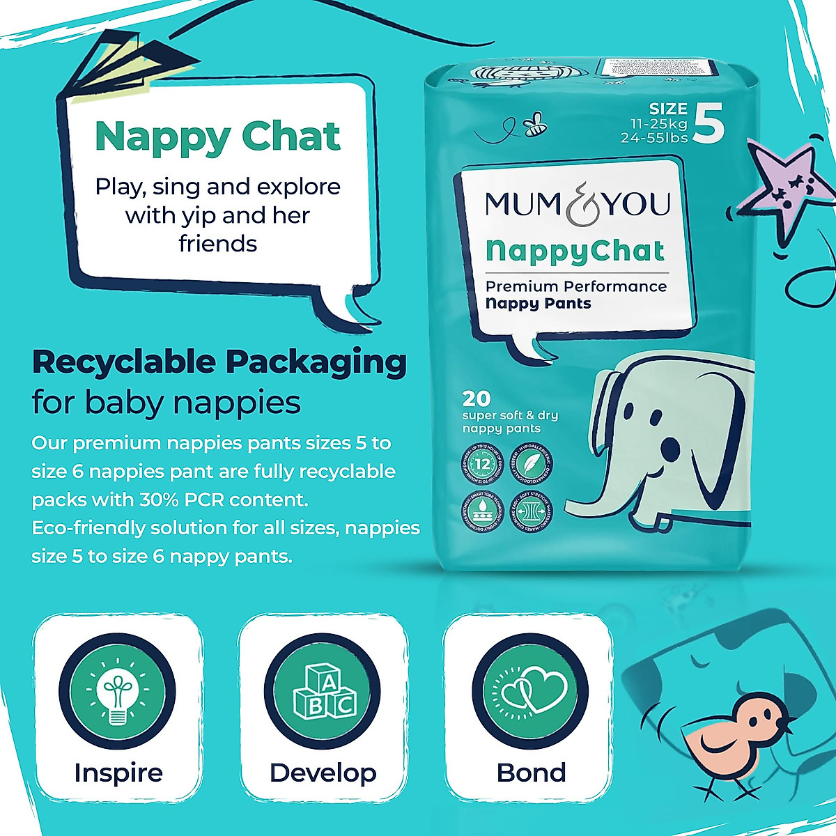 Mum & You Nappychat Premium Performance Eco Diaper Pants, Size 5 (20 diapers) Smart Tube Technology Leak Protection. 100% Recyclable. Hypoallergenic, Dermatologically-Tested. No Lotion, Perfume or Dye