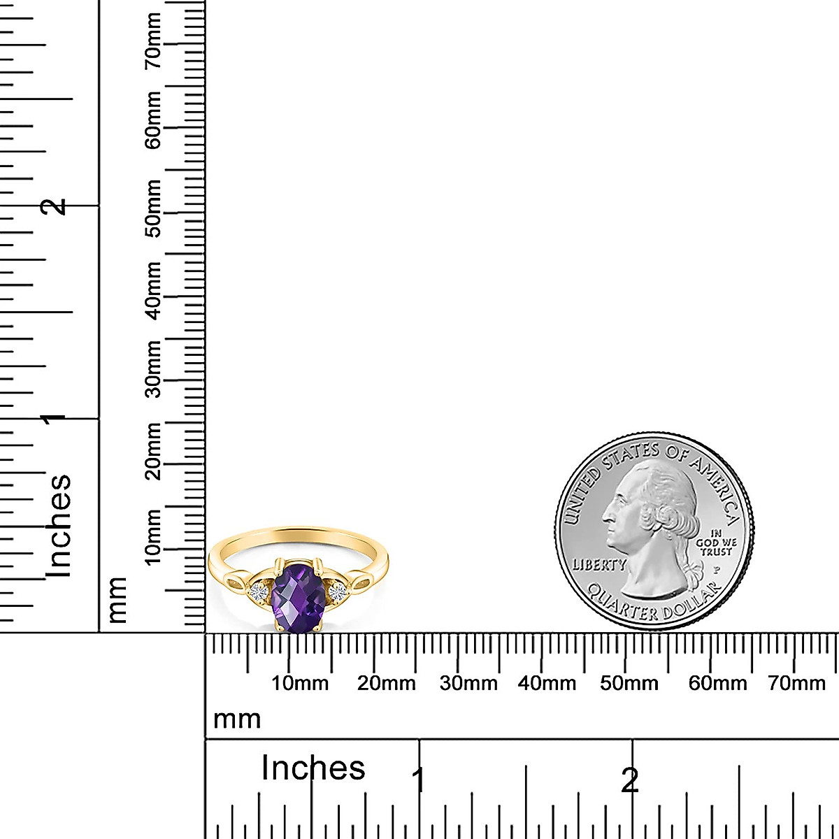 18K Yellow Gold Plated Silver Purple Amethyst and White Moissanite 3-Stone Rings For Women (1.28 Cttw, Gemstone February Birthstone, Oval Checkerboard 8X6MM, Available In Size 5, 6, 7, 8, 9)