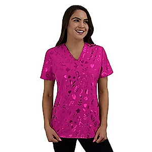 Womens Medical Nursing Foil Printed Scrub Uniform Top Zinnia-BC Ribbon Floral - Magenta-Large