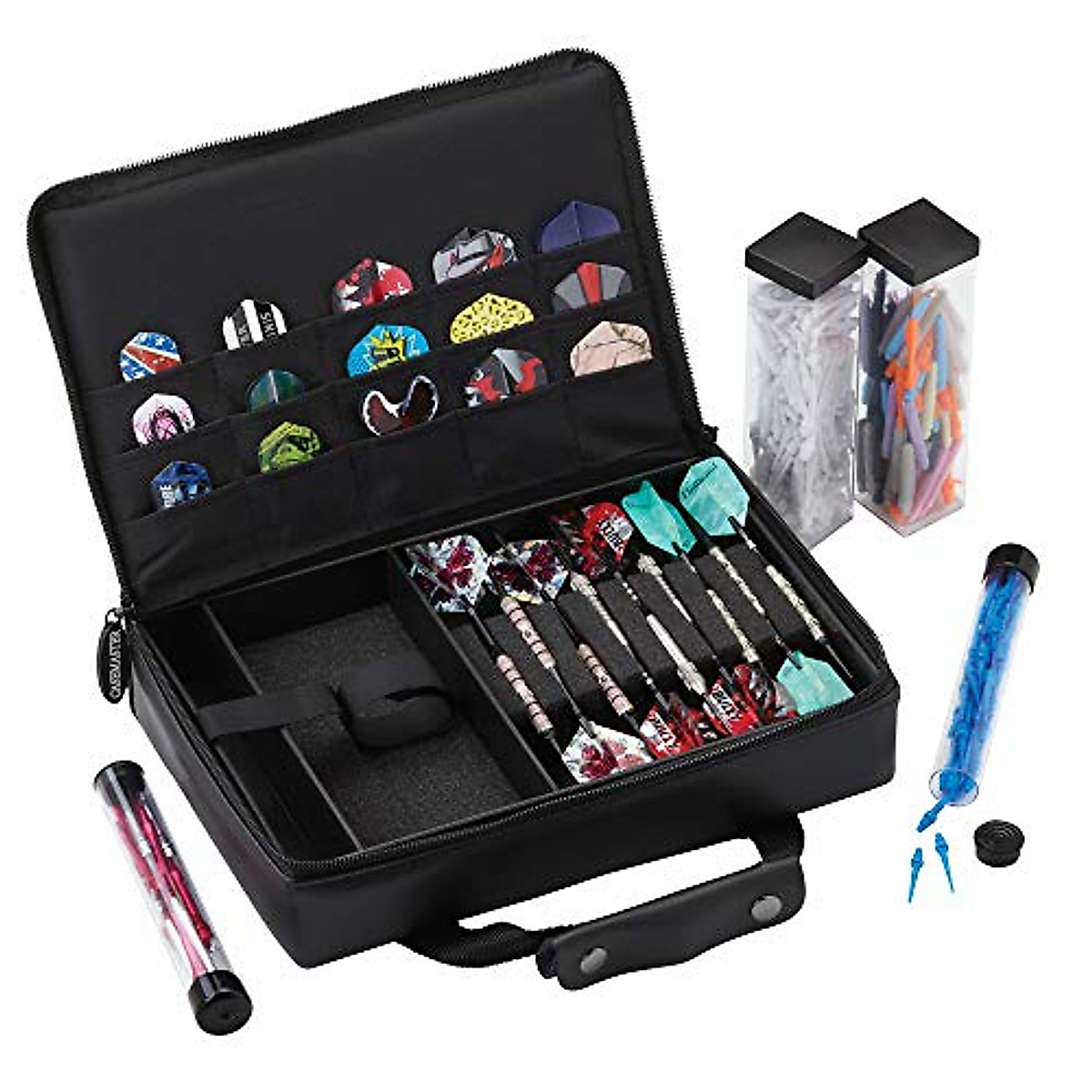 Casemaster The Pro Leatherette Dart Case with Leather-Like Exterior Covering, Holds 9 Steel Tip or Soft Tip Darts with 15 Built-in Pockets for Accessories and Plastic Tubes and Containers for Even More