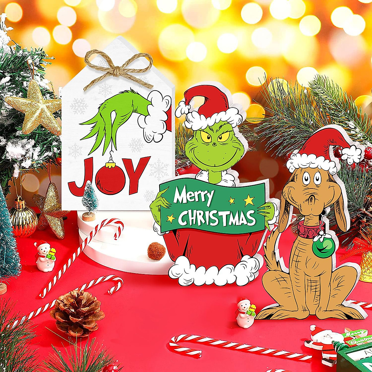 3pcs Christmas Wooden Table Signs, Funny Dog Centerpieces Christmas Tiered Tray Decorations Set for Xmas Holiday Winter Parties Indoor Home JOY Table Top Sign Decor