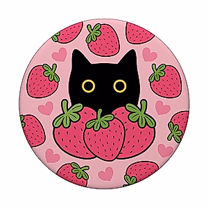 Cute Kawaii Black Cat Pink Strawberry Heart Strawberries PopSockets Standard PopGrip