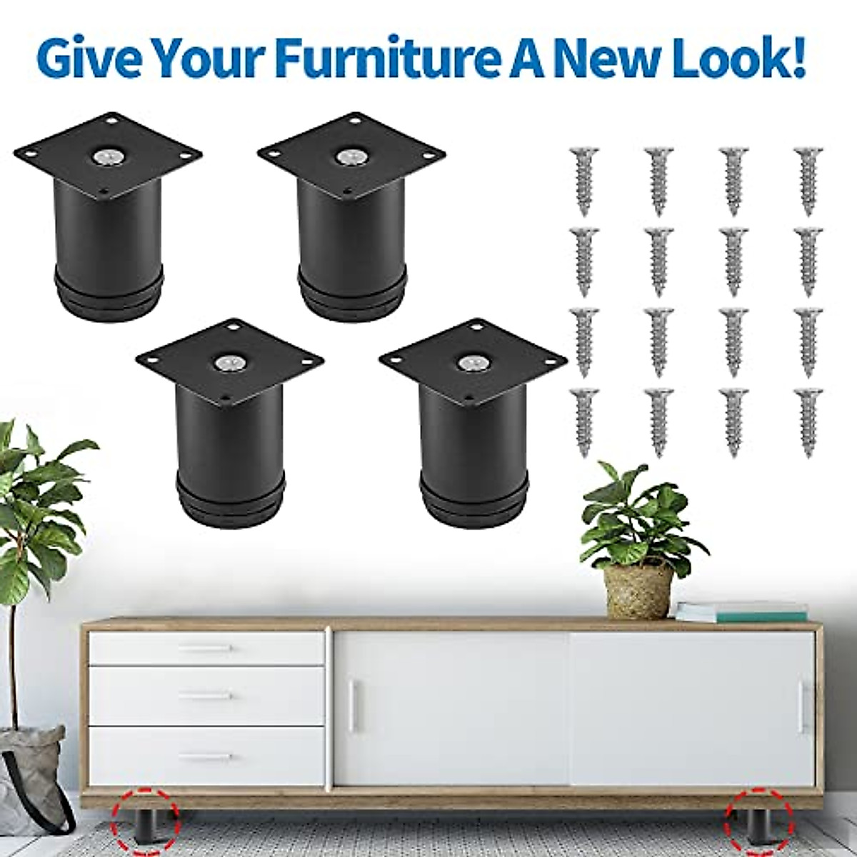 Masendelk 3 Inch Metal Furniture Legs Stainless Steel Adjustable Legs Black Metal Legs Round Cabinet Legs for Coffee Table Cabinet Desk Sofa Shelves, Pack of 4