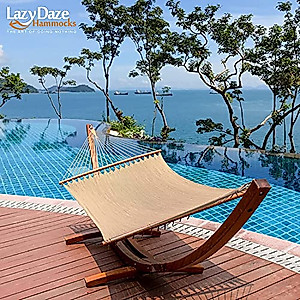 Lazy Daze 10 FT Double 2 Person Caribbean Rope Hammock, Hand Woven Polyester Hammock with Spreader Bars, Extra Large Outside Outdoor Backyard Patio Poolside Hammock, 450 LBS Capacity, Tan
