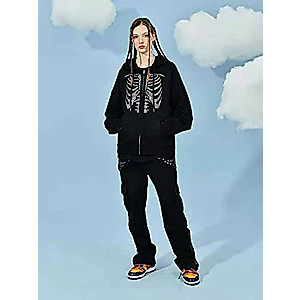 Women's Y2K Rhinestone Skull Hoodie Zip Up Oversized Casual Drawstring Hoodie E-Girl 90s Streetwear Jacket Tracksuit(G-black,S）