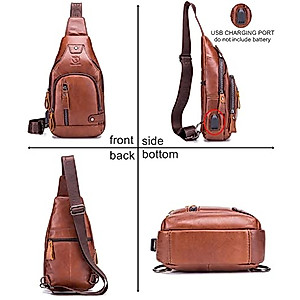 BULLCAPTAIN Leather Men Sling Bags Travel Crossbody Chest Bag Hiking Daypack with USB Charging Port Multi-Pocket