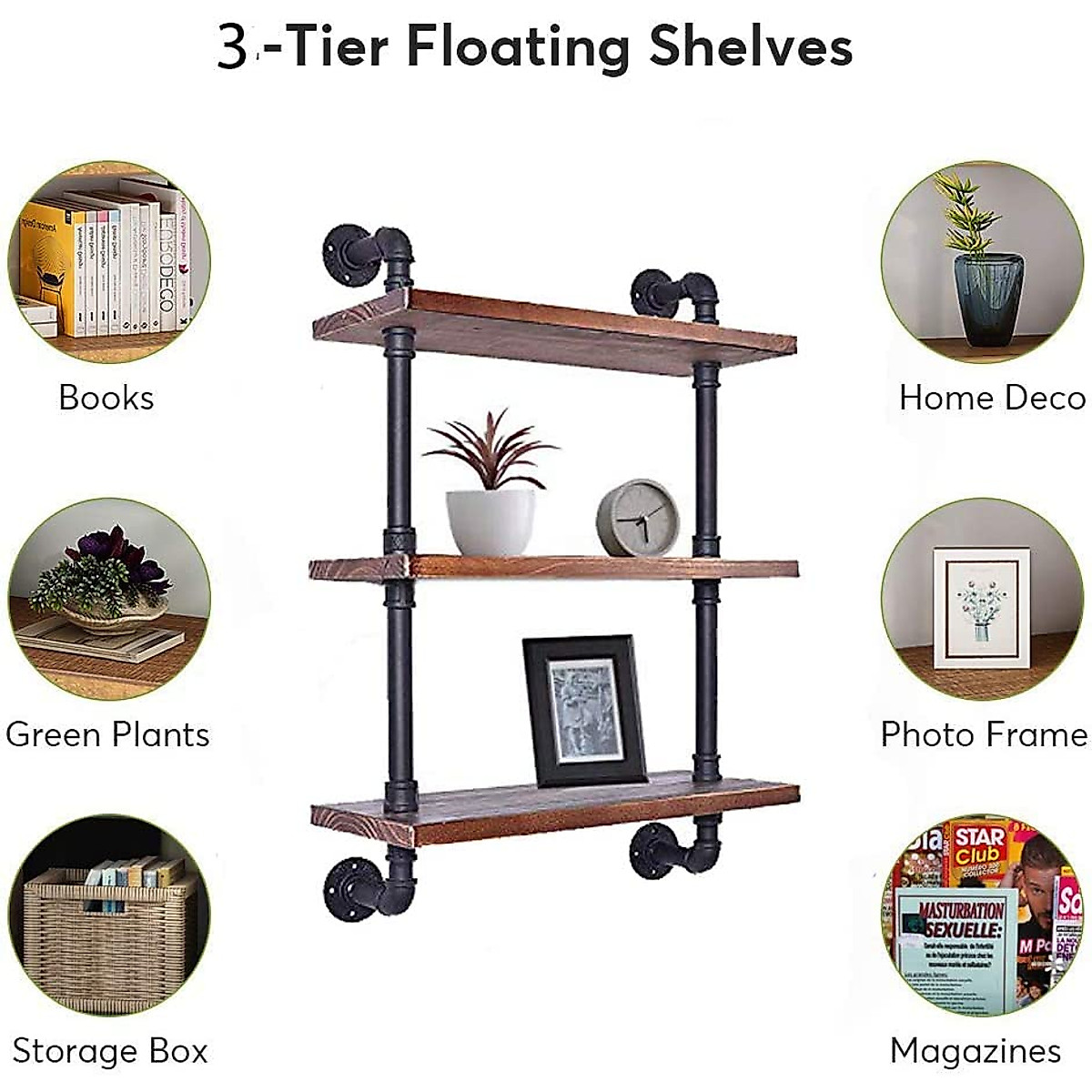 BOKKOLIK Vintage 3-Tier Pipe Shelves Farmhouse Floating Shelves 24inch Width Industrial Storage Wooden Shelves for Kitchen Office Coffee House Warming Gift