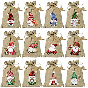 BORAMDO Christmas Burlap Gift Bags with Drawstrings 24Pcs, Watercolor 12 Designs Christmas Gnomes Linen Wrapping Bags, Small Christmas Treat Candy Bags for Holiday Party Favor Supplies…