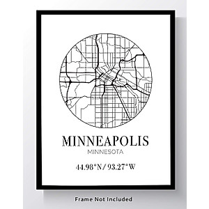Minneapolis MN City Street Map Wall Art - 11x14 UNFRAMED Modern Abstract Black & White Aerial View Decor Print with Coordinates. Makes a great Minneapolis-Themed Gift.