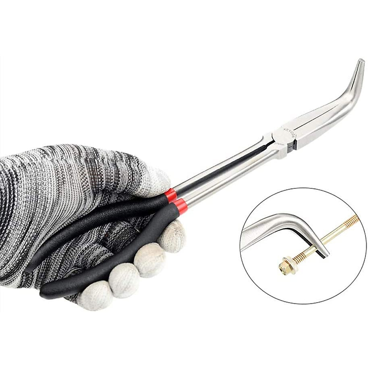 RUNIGOO 5 Piece Long Reach Plier Set - 11” Long Needle Nose Pliers Sets - Straight, 25, 45, 90-Degree Angle, Long Reach Bent Circle Pliers for Hard-to-Reach Narrow Spaces