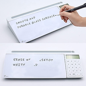 TOWON Desktop Glass Whiteboard with Basic Calculator, 12 Digit LCD Display, Desk Organizers with Accessories for Office, Home, School Supplies, Storage with Dry Erase Board Surface, White, 18'' x 6''
