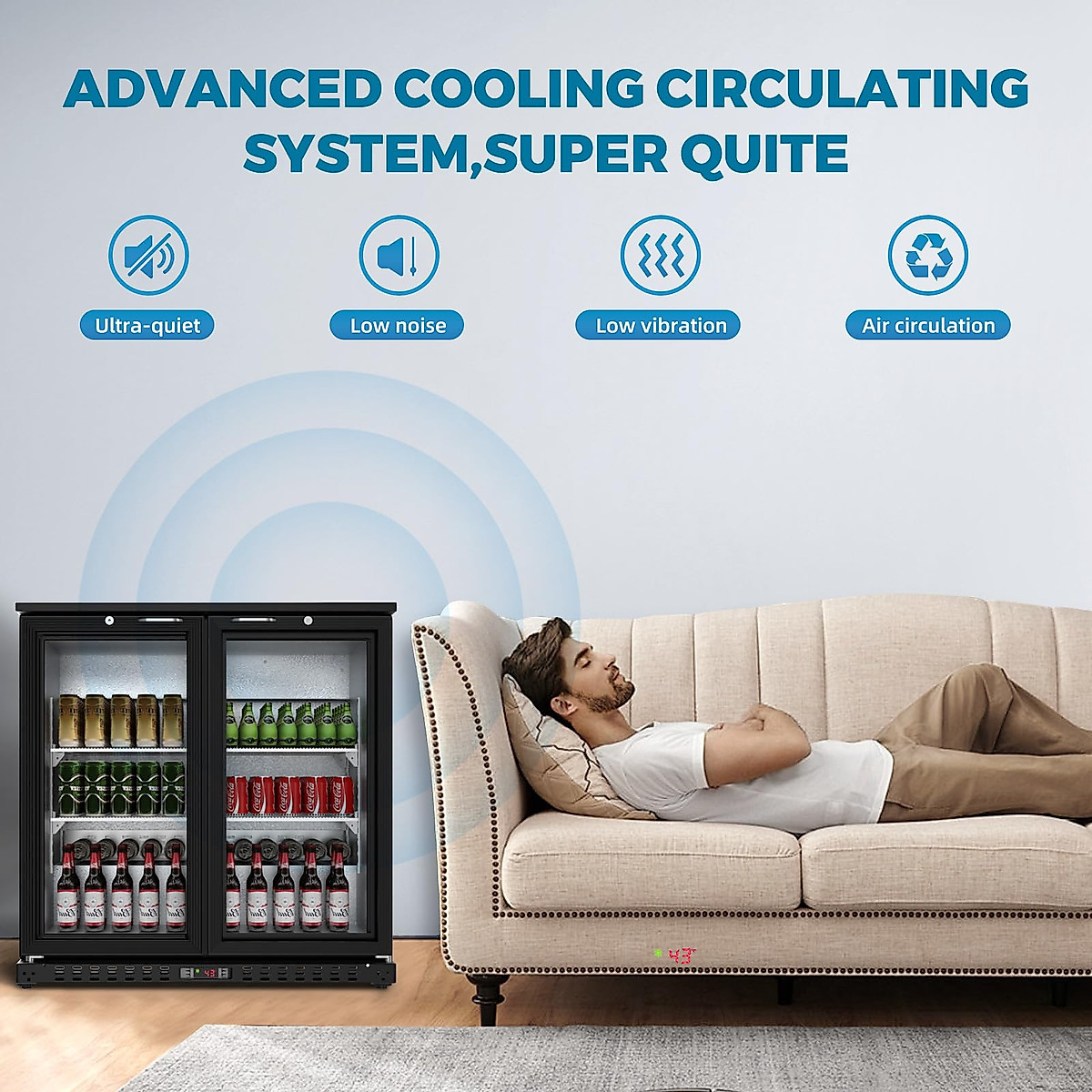 KICHKING 7.4 Cu.Ft Back Bar Cooler 35.4" W Beverage Refrigerator, 2 Low-E Glass Doors, Counter Height Bar Fridge, Commercial Display Refrigerator Anti-Fog, LED Light Beer, Wine, Soda, Soft Drinks