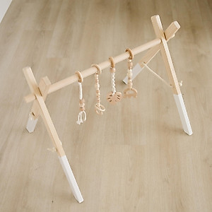 Poppyseed Play Wooden Baby Play Gym, Foldable Frame w/Hanging Bar, Tied Cotton Cord & Wooden Toys, Gender Neutral Baby Activity Set, Easy to Assemble (White Wood, Macrame Toys)