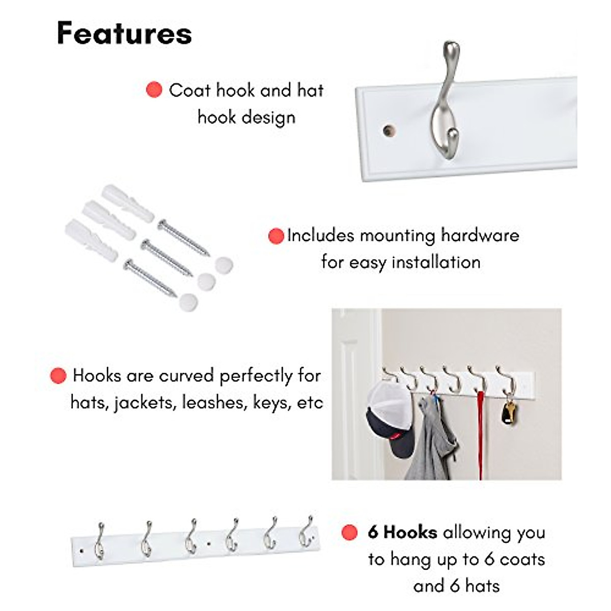 BIRDROCK HOME Hook Coat and Hat Rack - 2 Pack - 6 Hooks - 27 Inches - Wall Mount - Decorative Home Storage - Entryway Foyer Hallway Bathroom Bedroom Rail - Satin Nickel Hooks - White Pine Bathroom